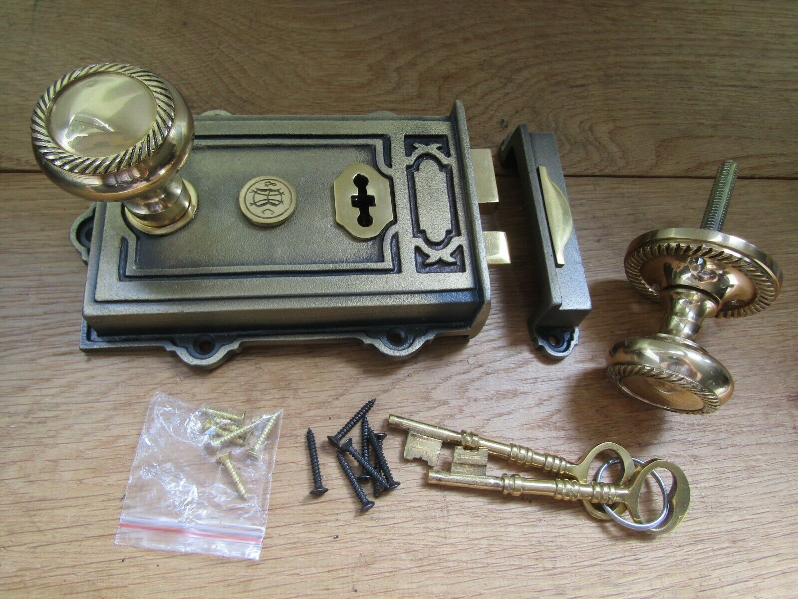 Cast Iron Davenport Rim Lock Antique Brass & Georgian Rim Knob Polished ...