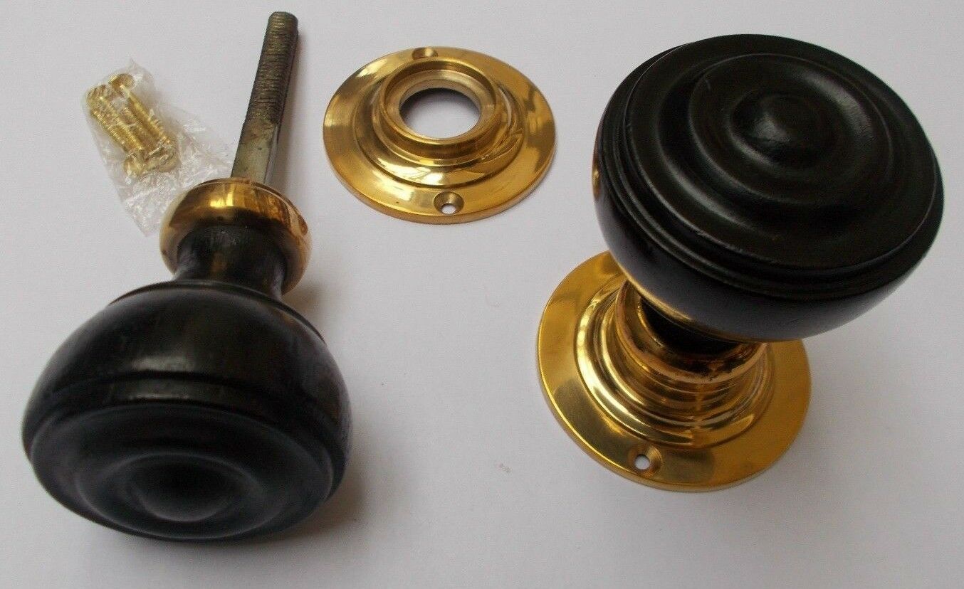 Bun Wooden Rim Door Knob Set Ebony And Brass | Ironmongery World