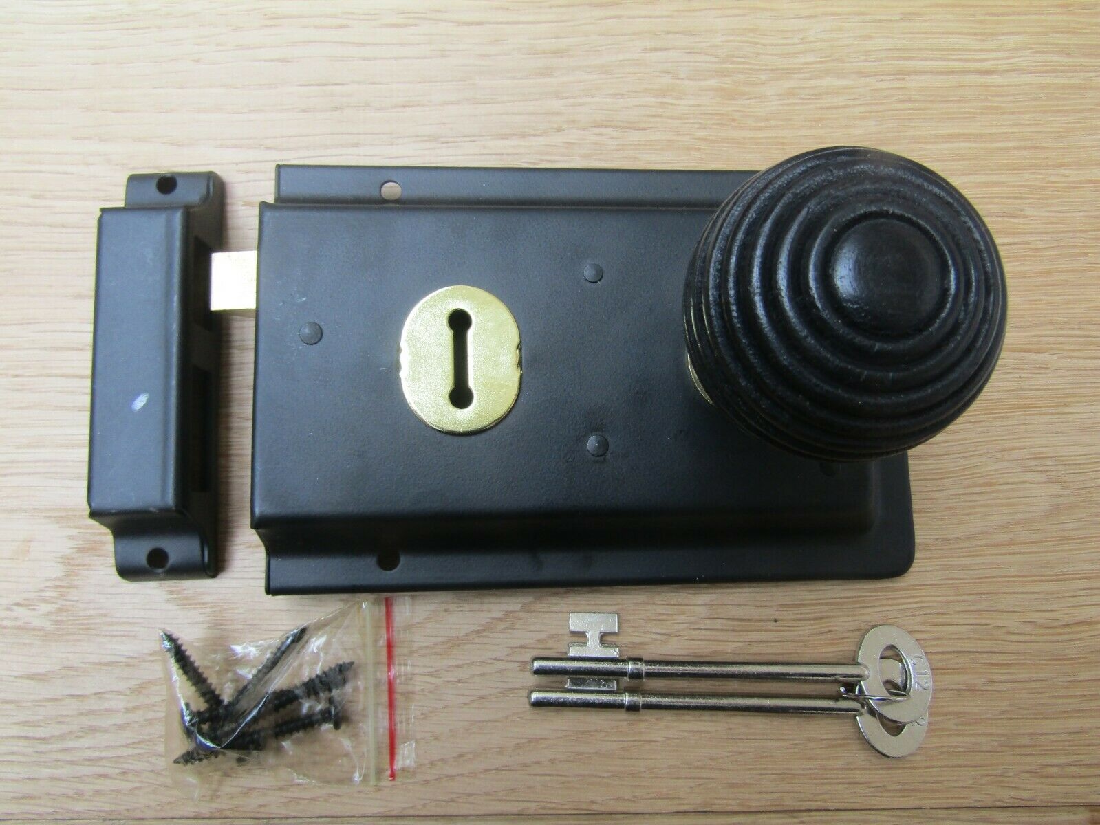 6" Rim Lock Black & Beehive Ebony + Brass Set | Ironmongery World