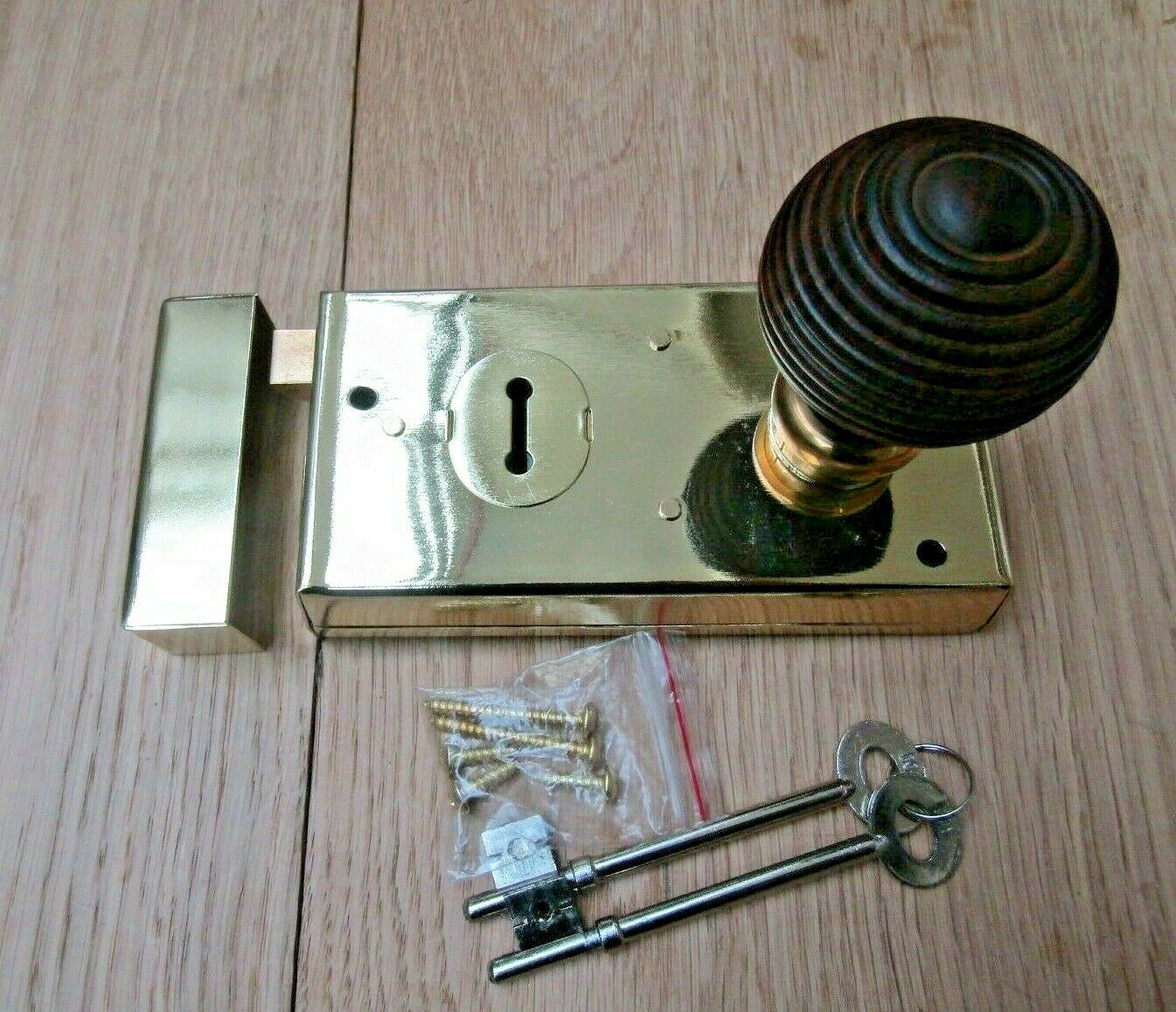 5.5" Rim Lock Brass & Beehive Teak + Brass Set | Ironmongery World