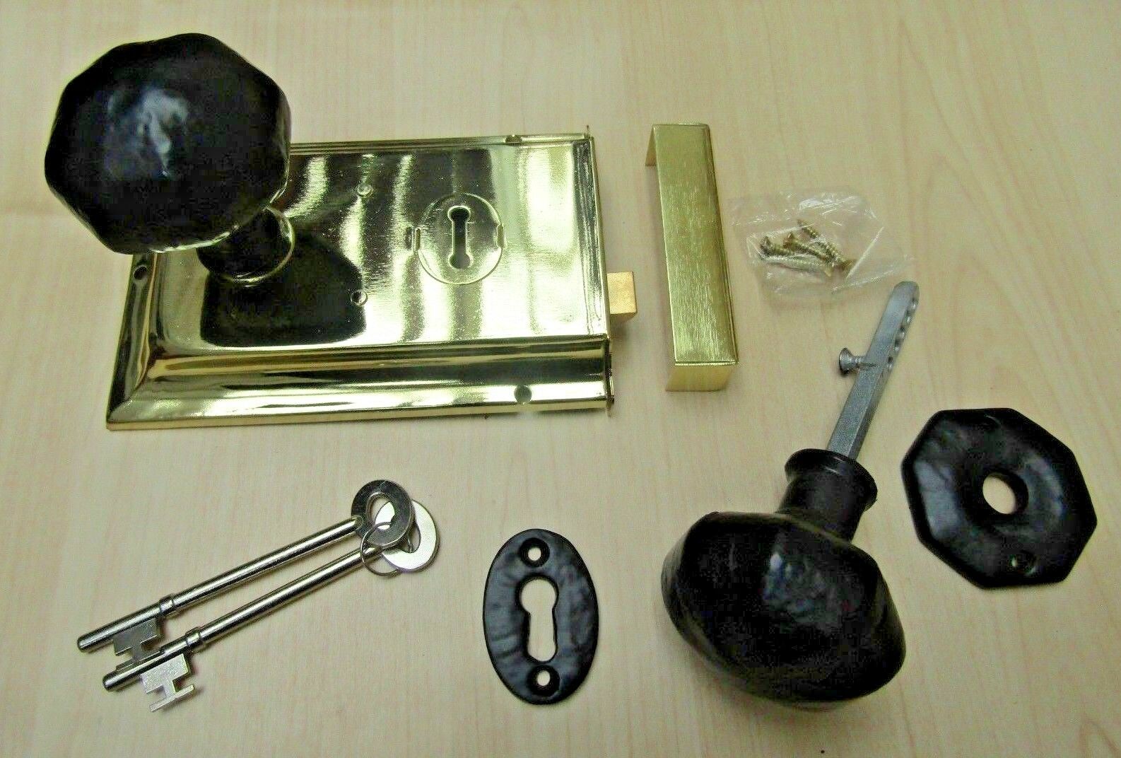6" Rim Lock Brass & + Black octagonal Set | Ironmongery World ...